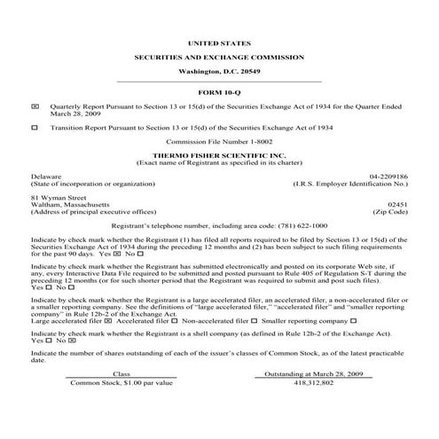 Q1 2009 Earning Report of Thermo Fisher Scientific Inc. | PDF