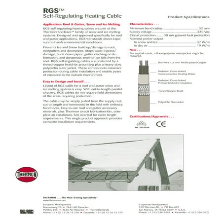 Thermon RGS Roof & Gutter Heat Tracing Cable | PDF