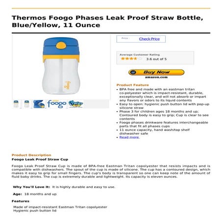 Thermos foogo phases leak proof straw bottle, blue yellow, 11 ounce | PDF