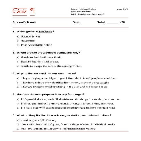 Cormac McCarthy's The Road quiz #1 | PDF