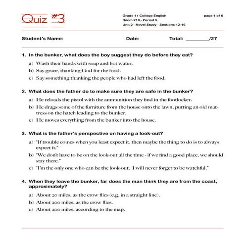 Cormac McCarthy's The Road quiz #3 | PDF