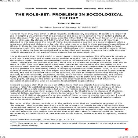 The Role Set Problems In Sociological Theory | PDF