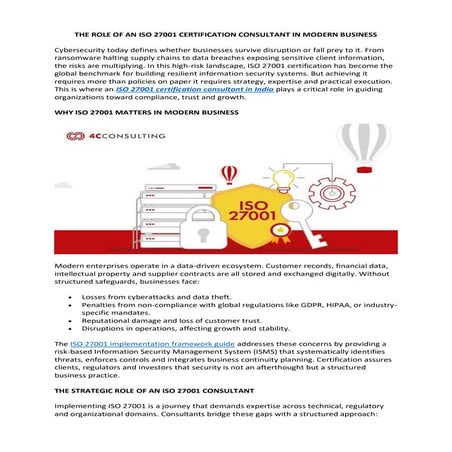 The Role Of An Iso 27001 Certification Consultant In Modern Business | PDF