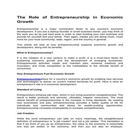 The Role of Entrepreneurship in Economic Growth | PDF