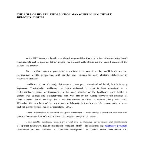 The role of health information managers in the healthcare delivery ...