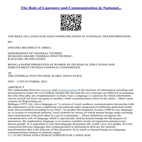 The Role Of Language And Communication In National... | PDF