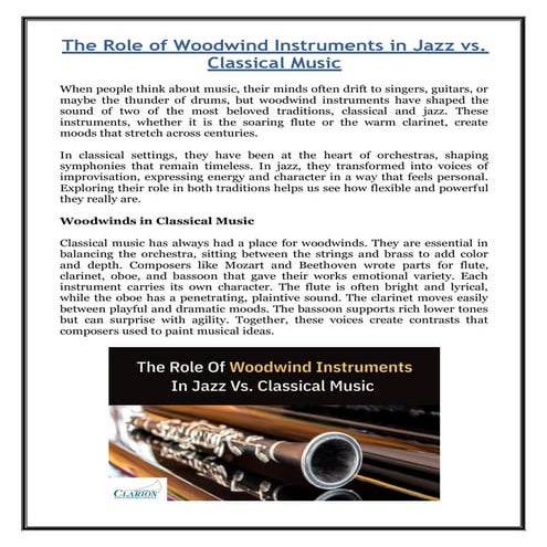 The Role of Woodwind Instruments in Jazz vs. Classical Music | PDF