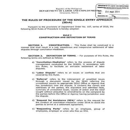 Single Entry Approach (SEnA). Department of Labor and Employment (DOLE ...