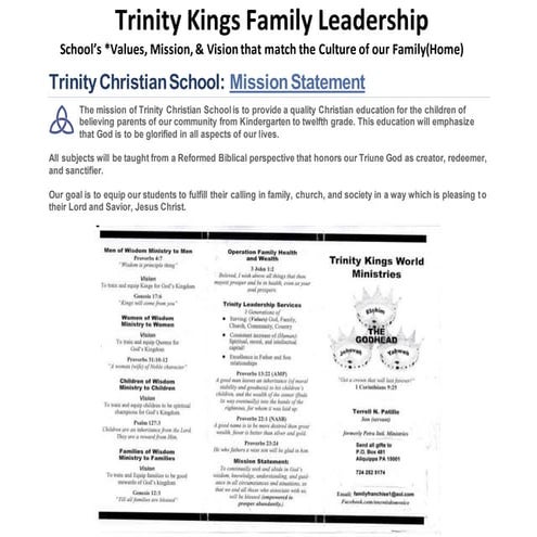 Trinity Kings Family Leadership: School's *Values, Mission, & Vision ...