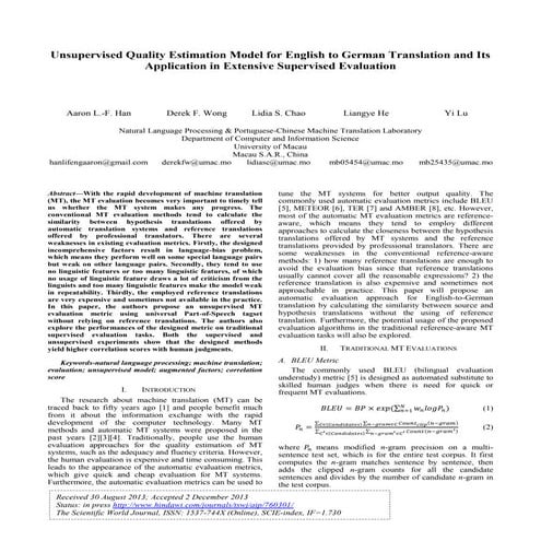 Unsupervised Quality Estimation Model for English to German Translation ...