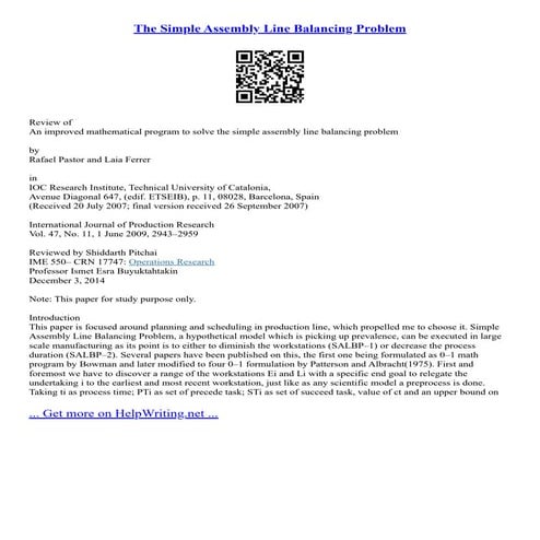 The Simple Assembly Line Balancing Problem | PDF
