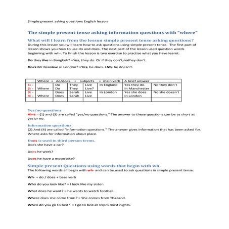 Simple present tense asking questions english lesson | DOCX