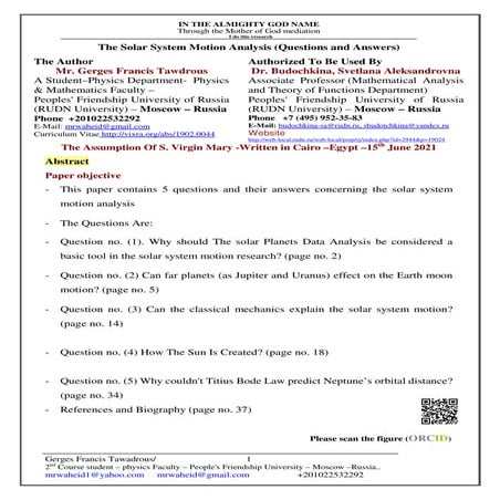 The solar system motion analysis (questions and answers) | PDF