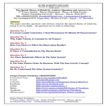 The Special Theory of Relativity Analysis (Questions and Answers) (I) | PDF
