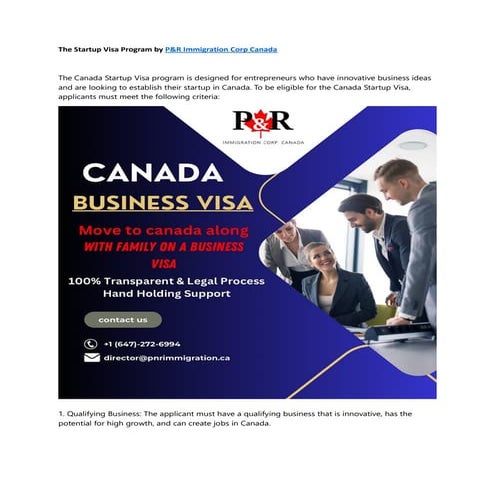 The Startup Visa Program by P&R Immigration Corp Canada | PDF