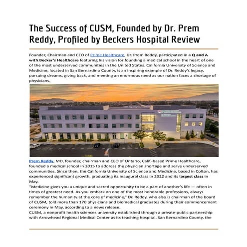 The Success of CUSM, Founded by Dr. Prem Reddy, Profiled by Beckers ...
