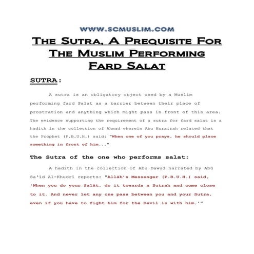 The sutra, a prequisite for the muslim performing fard salat | PDF
