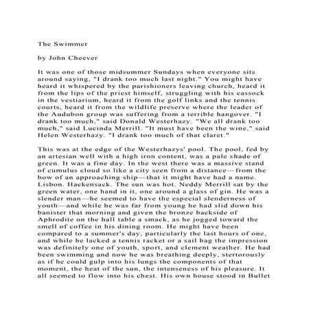 The Swimmerby John CheeverIt was one of those midsummer Su.docx