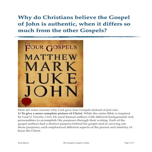 The Synoptic Gospels vs John | PDF