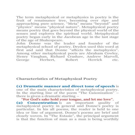 The term metaphysical or metaphysics in poetry is the fruit of ...