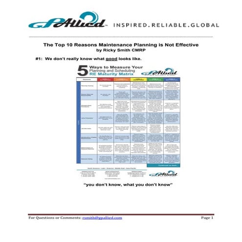 The Top 10 Reasons Maintenance Planning Is Not Effective | PDF