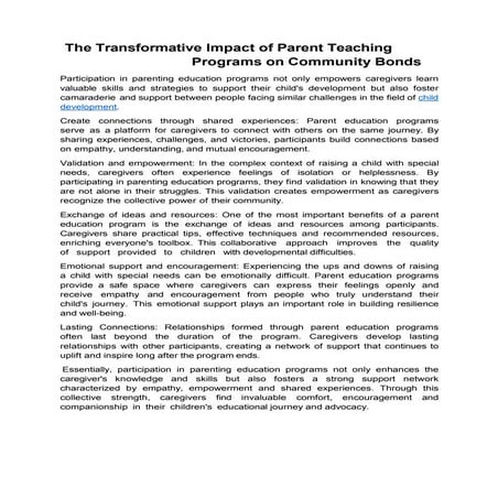 The Transformative Impact of Parent Teaching Programs on Community ...