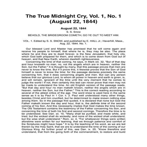 The true midnight cry, vol. 1, no. 1 (august 22, 1844) - S Snow | PDF