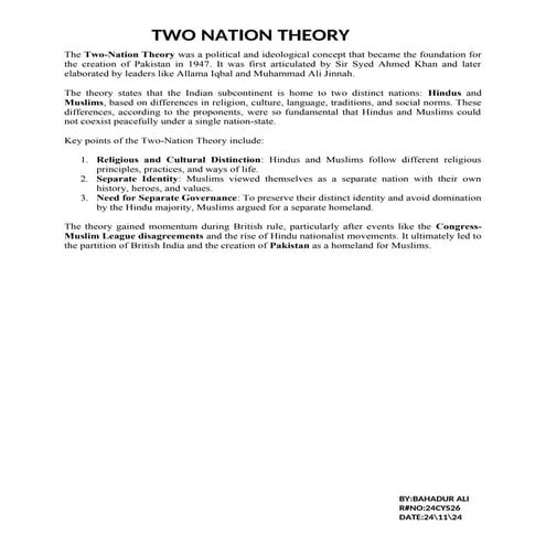 The Two NATION THEORY BY BAHADUR ALI 24CYS26 | DOCX
