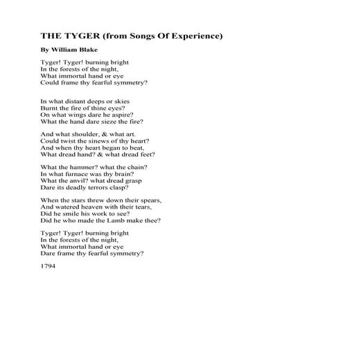 The tyger by william blake - from Songs of Experience | DOCX