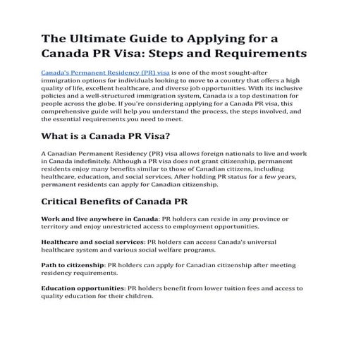 Canada PR - Eligibility, Steps to apply and Visa processing fees | PPTX