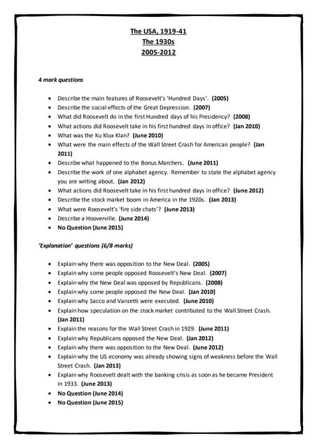 OCR Past GCSE History exam questions on USA in the 1920s 2005-15 | DOCX