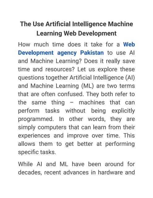 The Use Artificial Intelligence Machine Learning Web Developmentpdf
