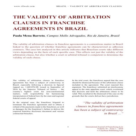 The validity of arbitration clauses in franchise agreements in brazil | PDF