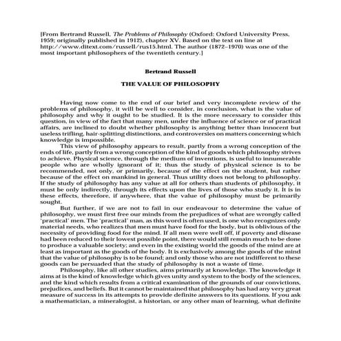 The value of philosophy by bertrand russell | PDF