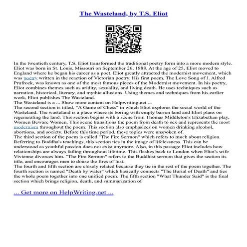 The Wasteland, By T.S. Eliot | PDF