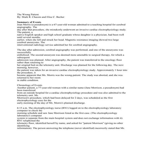 The Wrong Patient By- Mark R- Chassin and Elise C- Becher Summary.docx ...