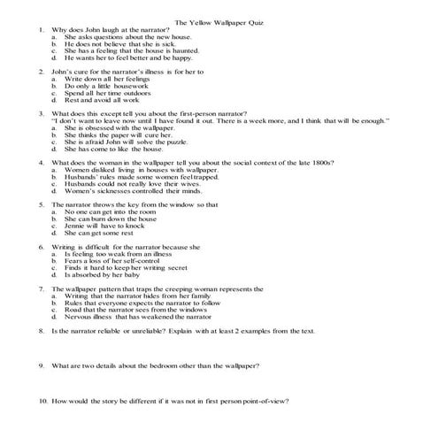 The yellow wallpaper quiz | DOCX