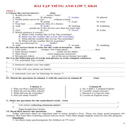 Thi hkii tiếng anh lớp 7 (with key) | PDF