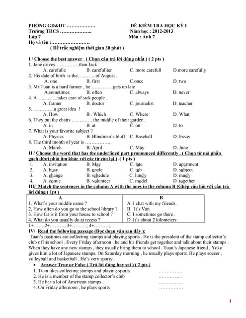 Bộ đề ôn thi hkii tiếng anh lớp 7 | PDF