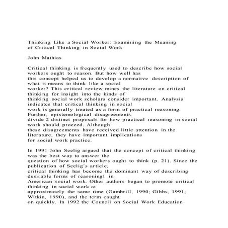 Thinking Like a Social Worker Examining the Meaningof Criti | DOCX