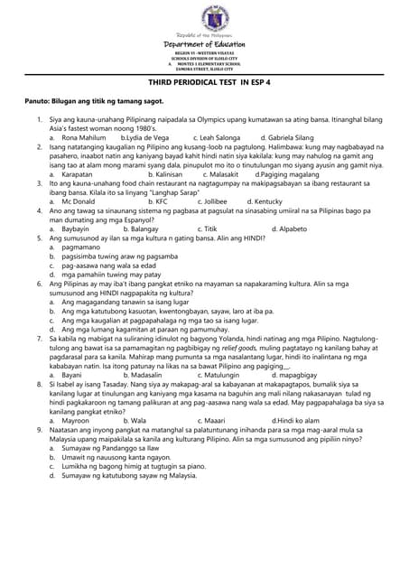 K to 12 Edukasyon sa Pagpapakatao Grade 2 (3rd Periodical Exam) | PDF