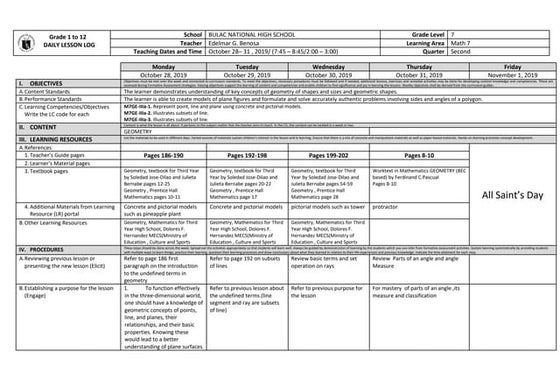 COT Lesson Plan Mathematics 3 Points, Line, Line Segment and Ray | PDF