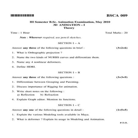 Third sem sample paper of 3 d animation – i bsca009 | PDF