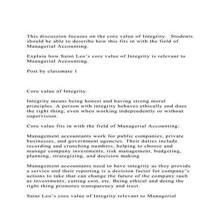 This discussion focuses on the core value of Integrity. Student.docx