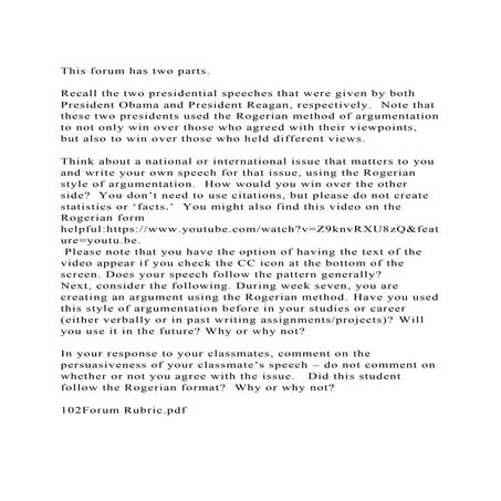 This forum has two parts. Recall the two presidential speeches.docx