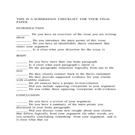 THIS IS A SUBMISSION CHECKLIST FOR YOUR FINAL PAPERINTRODUCTIO | PDF