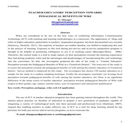 TEACHER EDUCATORS’ PERCEPTION TOWARDS PEDAGOGICAL BENEFITS OF WIKI ...