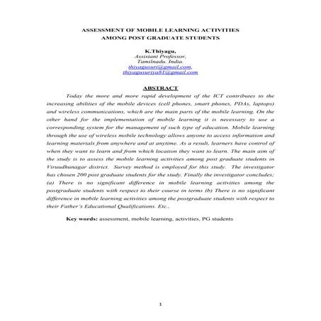 ASSESSMENT OF MOBILE LEARNING ACTIVITIES AMONG POST GRADUATE STUDENTS | PDF