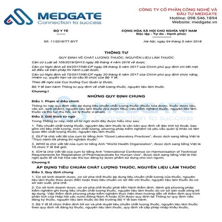Thông tư 11/2018/TT-BYT: QUY ĐỊNH VỀ CHẤT LƯỢNG THUỐC, NGUYÊN LIỆU LÀM THUỐC | PDF