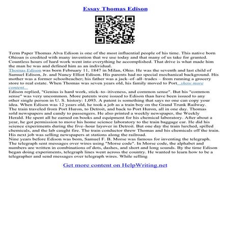 Thomas Edison Essay Thomas Edison Essay